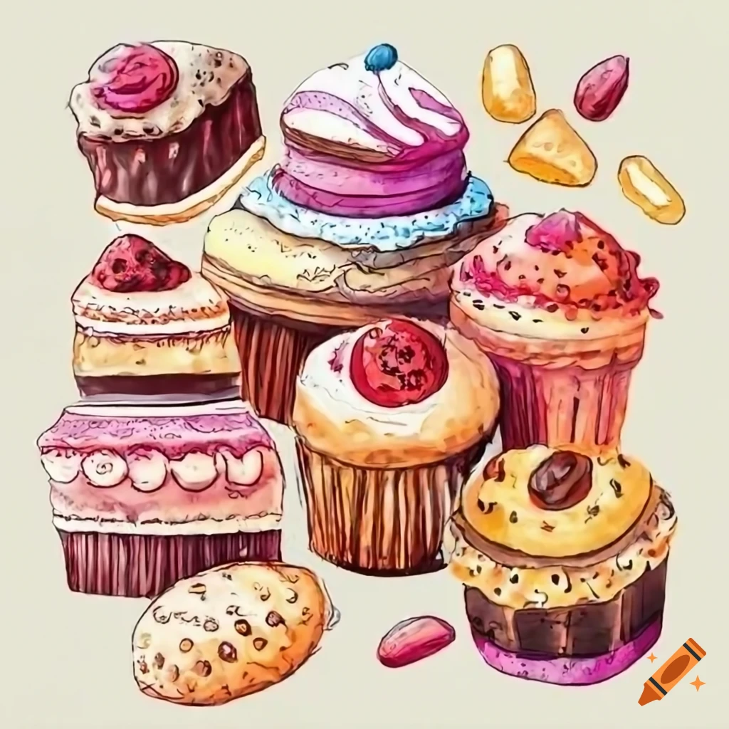 Sketch of baking many cakes collage on Craiyon