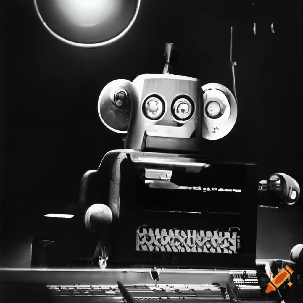 Vintage b&w photograph of retro robots in a 1960's electronic music ...