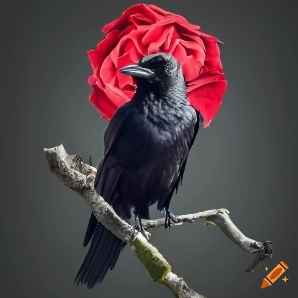 Crow holding a red rose on a black background on Craiyon