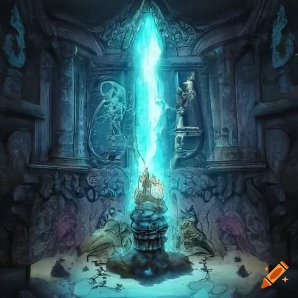 Interior of a magical tower with stone guards, books, and mystical ...