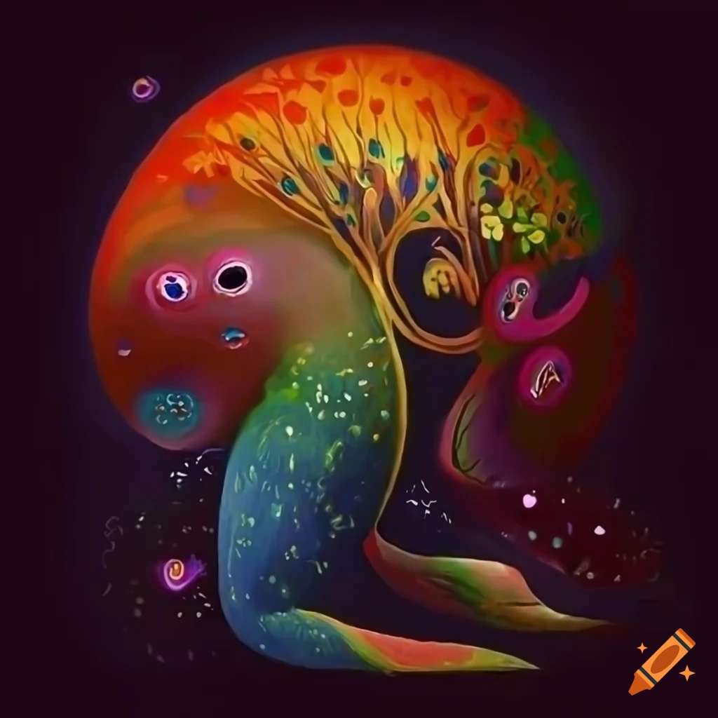 Abstract primitive art landscape with cosmos animals on Craiyon