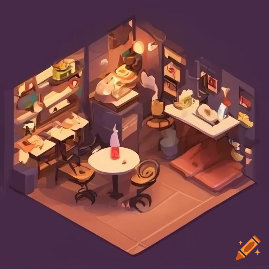 Isometric view of a cozy fantasy café interior ready to serve drinks ...