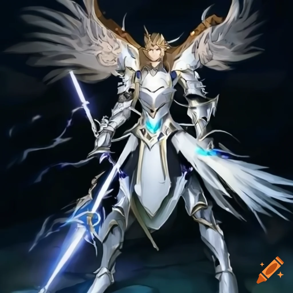 Anime angelic paladin knight in glowing platinum armor with silver vine ...