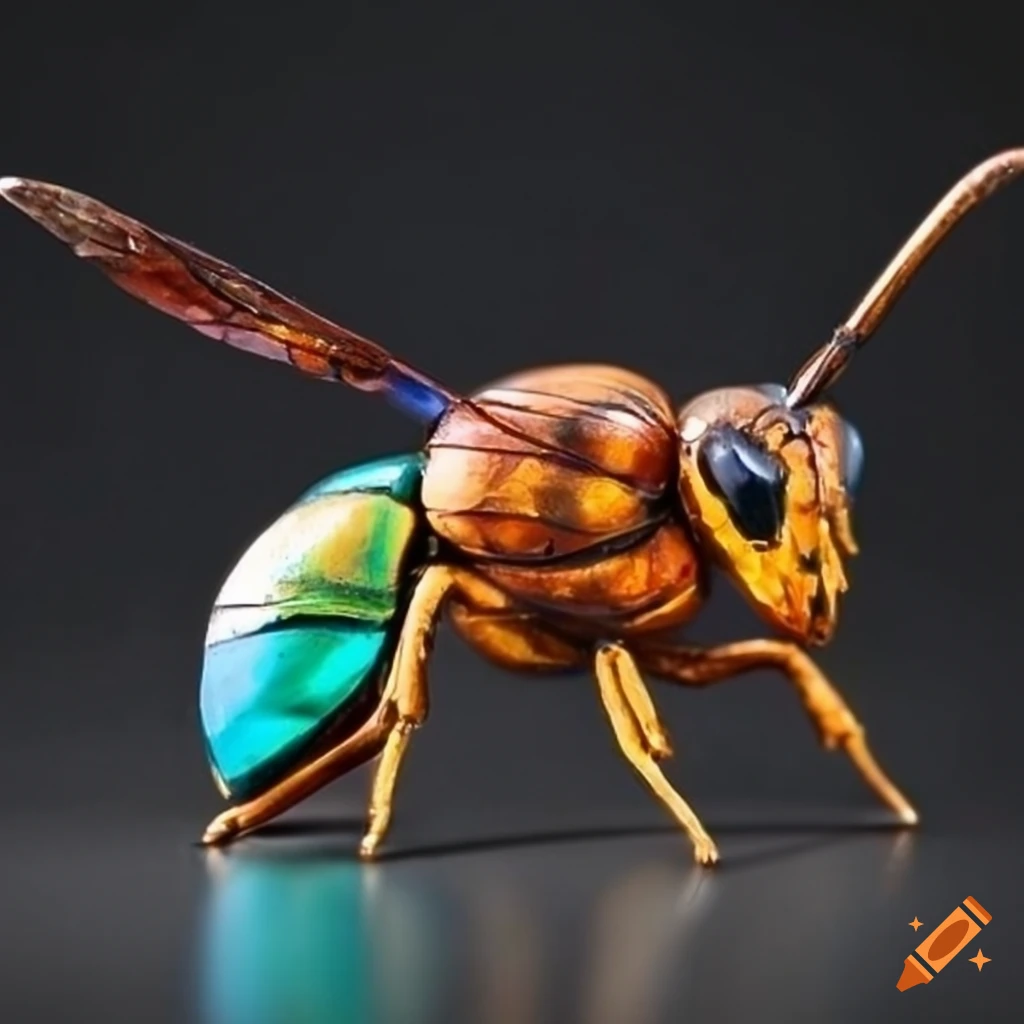 Copper metal-plated gemstone carved bee and wasp with red, yellow, and ...