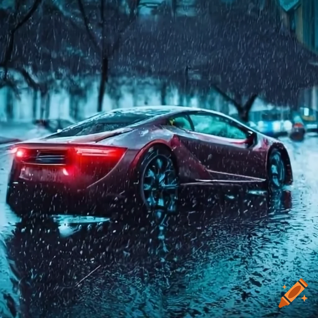 Sleek sports car on wet city roads during a rainstorm on Craiyon
