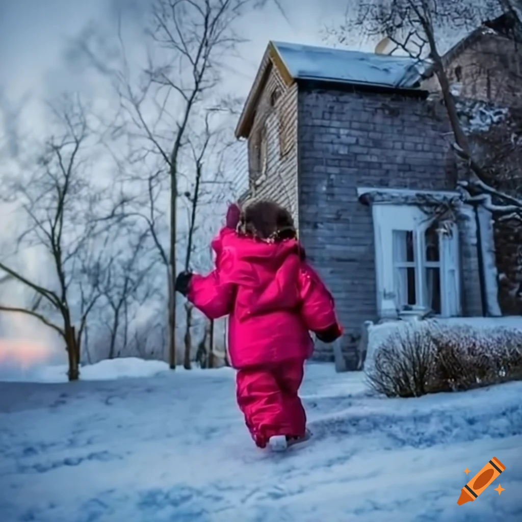 Baby in a snowsuit approaching a house on Craiyon