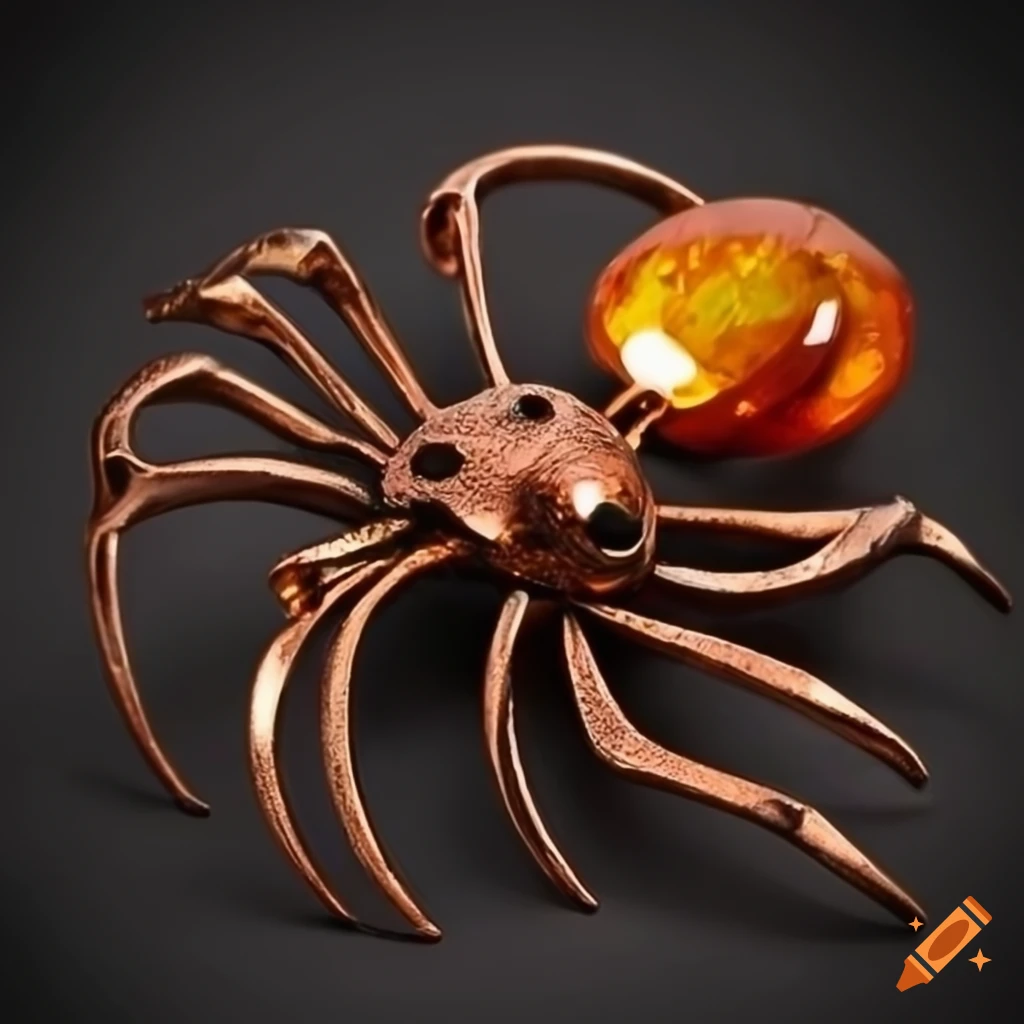 Joro spider with copper metal plating and amber gems in red and blue ...