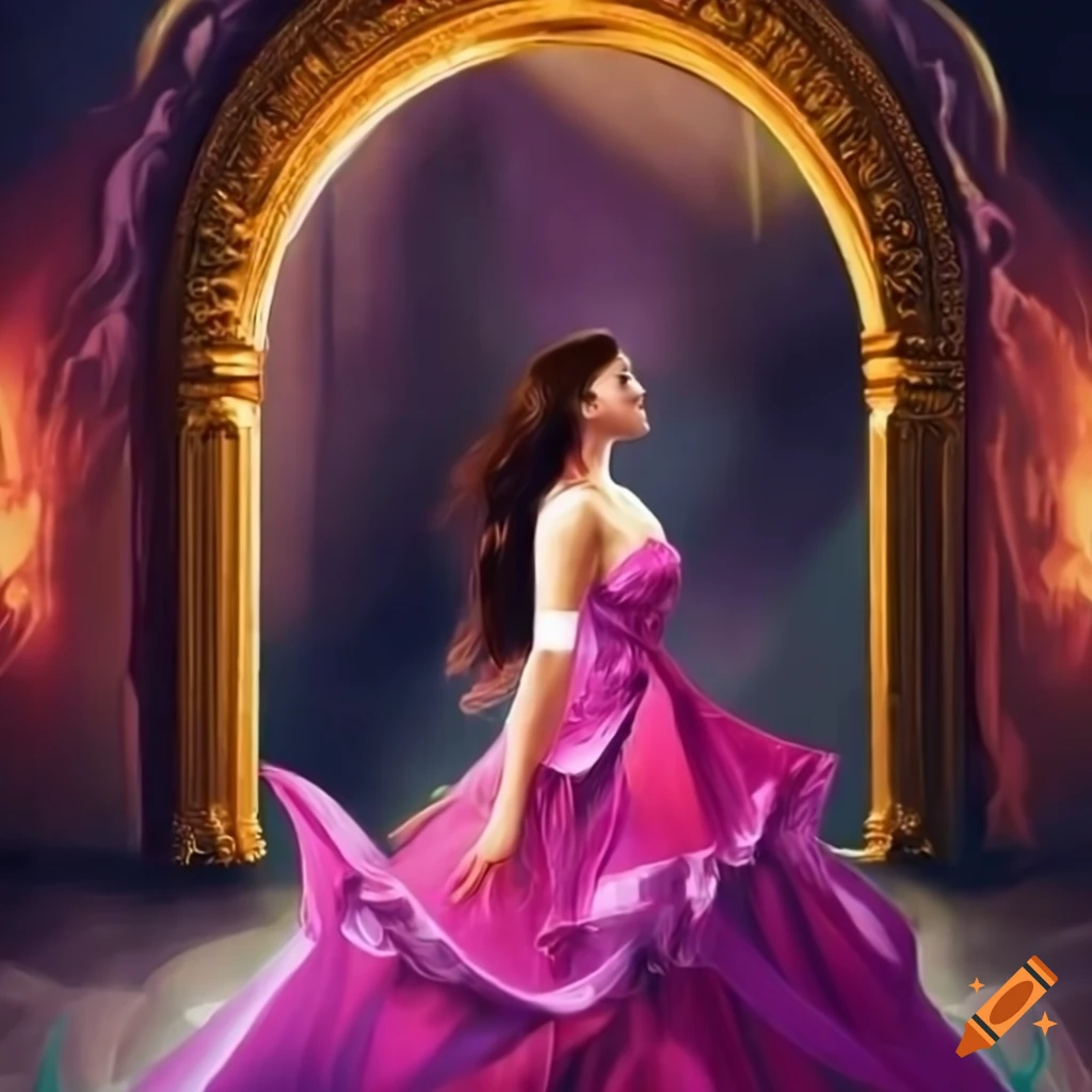 Brunette woman in a ballgown walking with loyal rat companion towards a ...