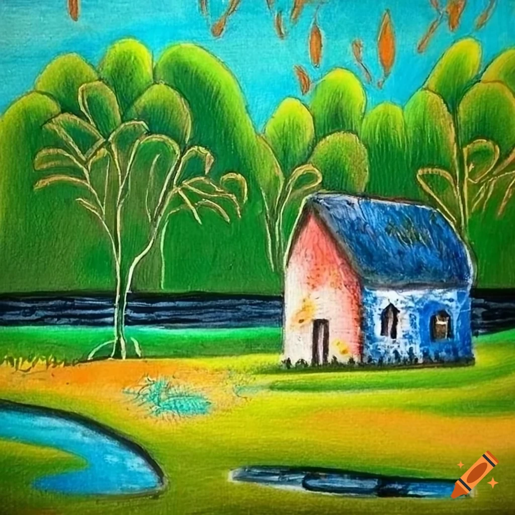 Colorful primitive naive art of a small house near a pond in a swampy ...