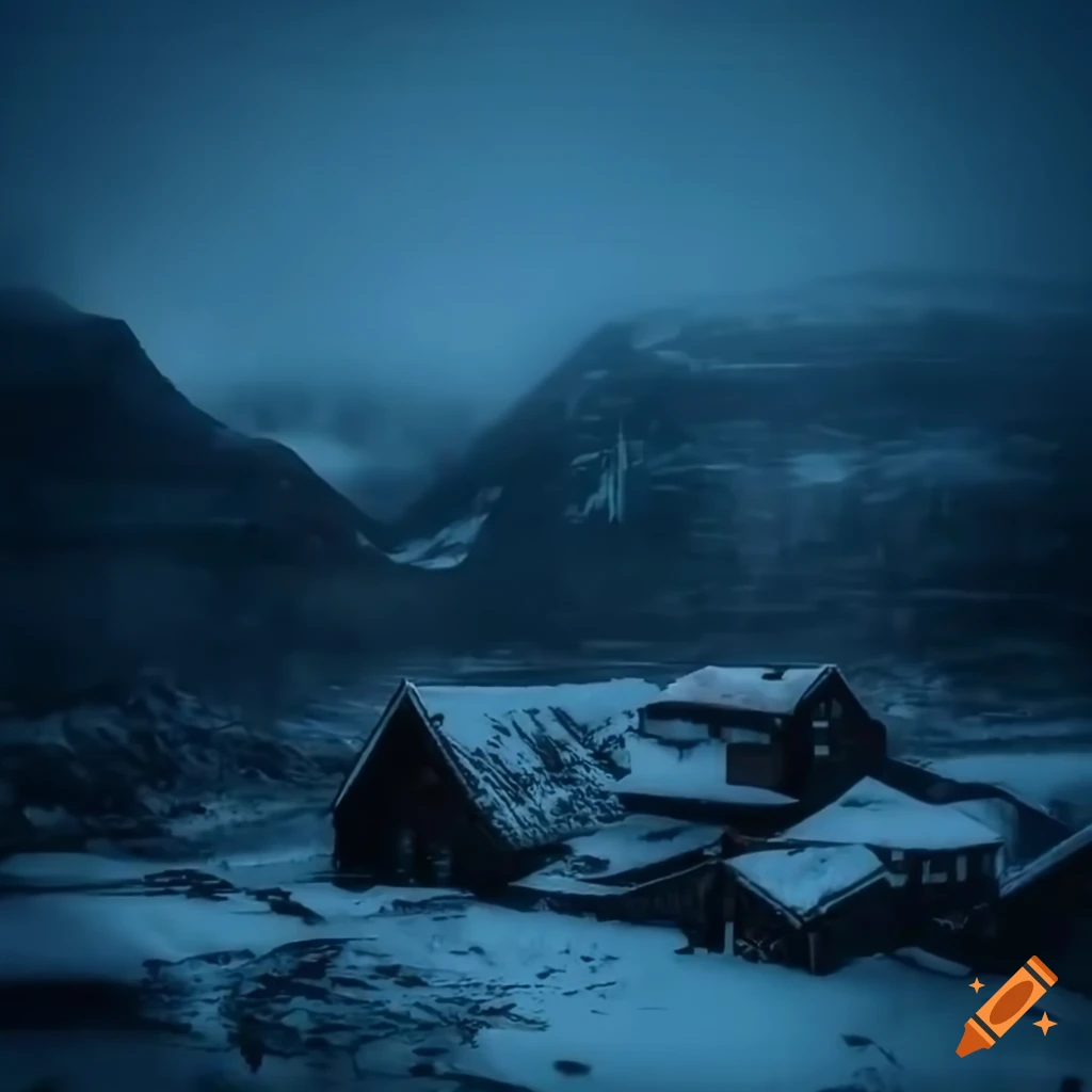 Gothic mining village in the Arctic winter landscape with armored ...