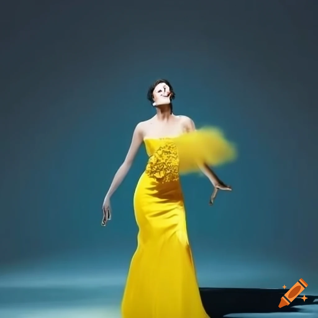 Tall opera diva in a dali-style landscape with a yellow dress on Craiyon