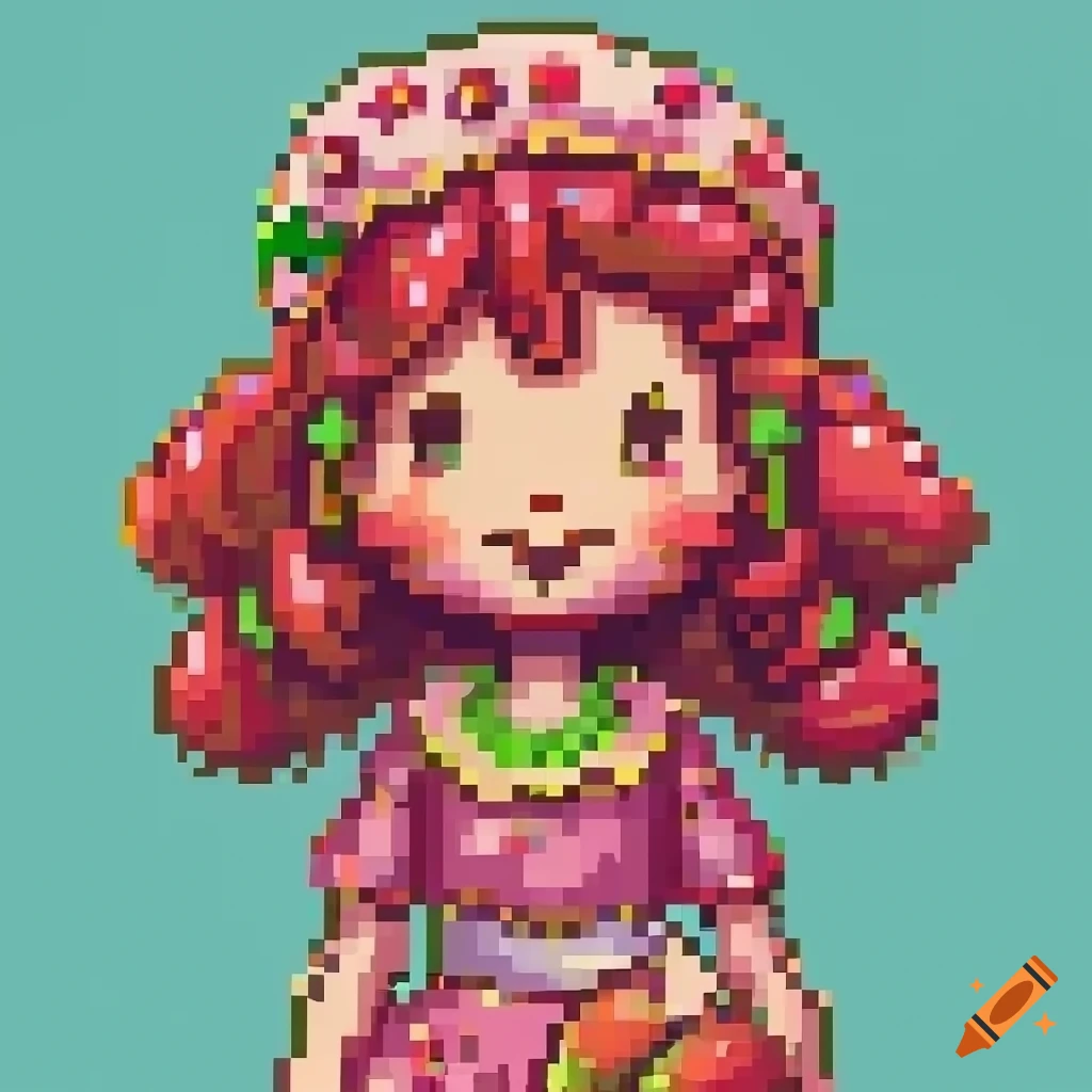 Pixel art of a strawberry shortcake with dithering technique on Craiyon
