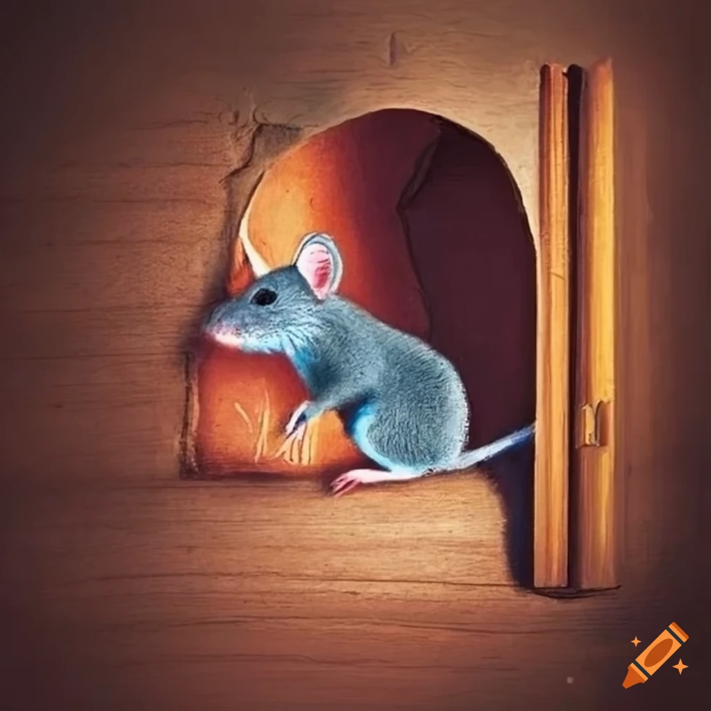 Mouse hole with open wooden door and mouse peeking out in a crayon ...