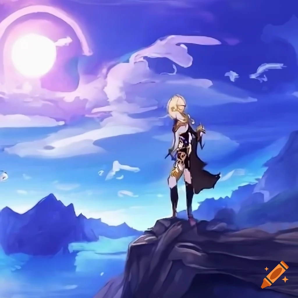 Wanderer from genshin impact standing on a cliff on Craiyon