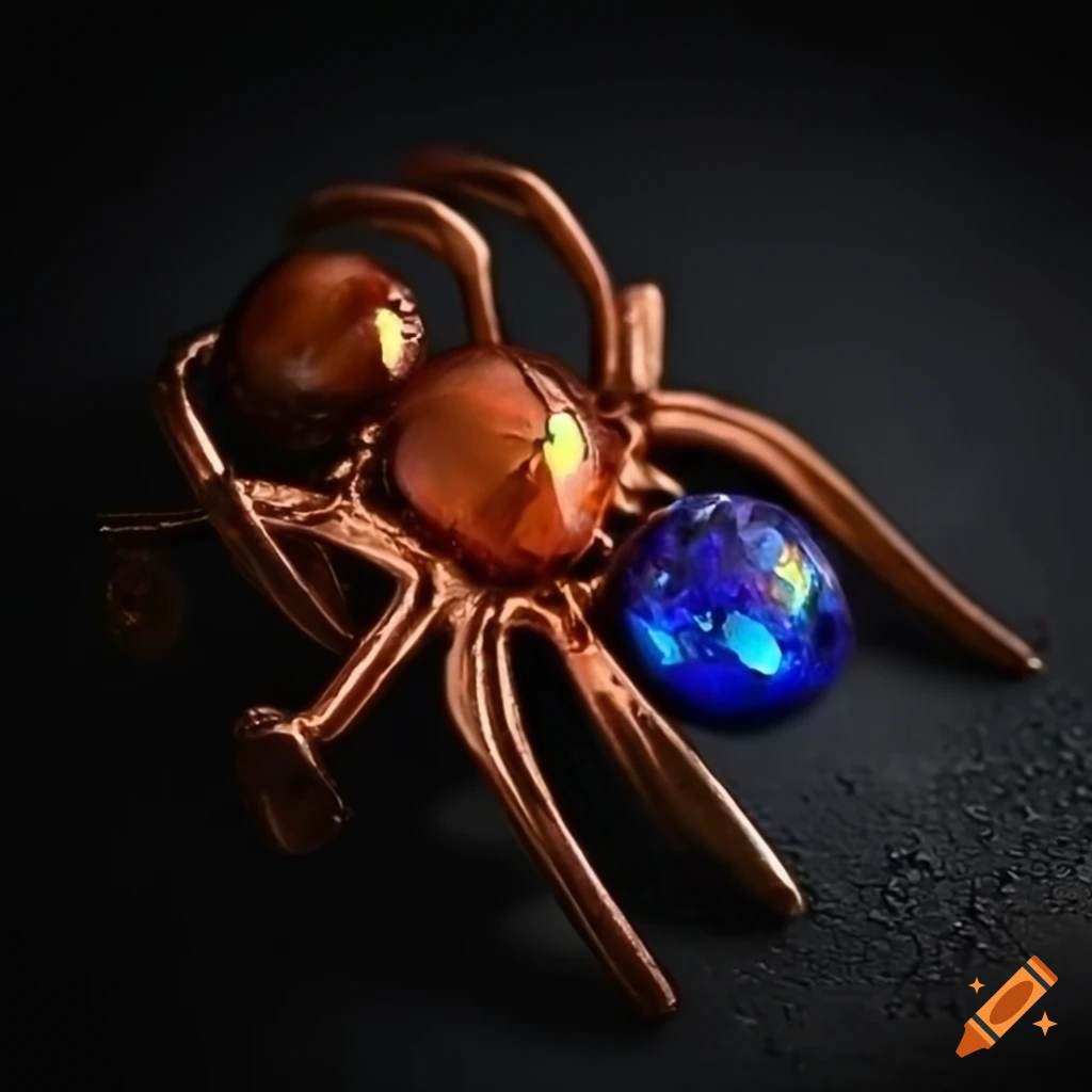 Joro spider with amber gems in copper metal plating on Craiyon