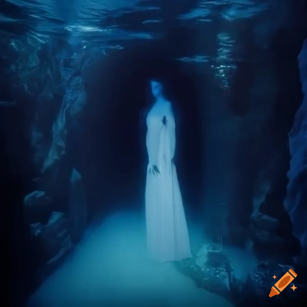 Woman in graduation gown and cap near an underwater cliff with eerie ...