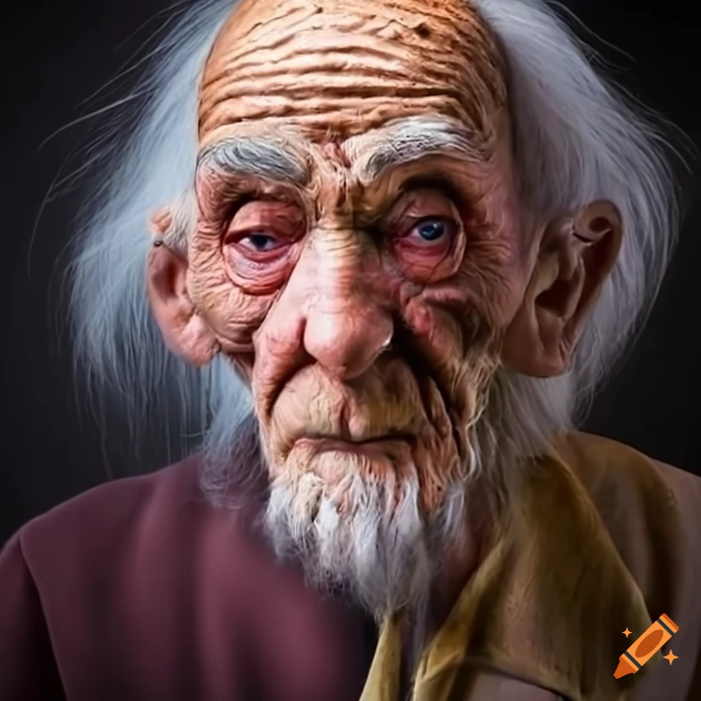 Pixar-style 100-year-old elderly man with deep-set wrinkles and wise eyes on Craiyon