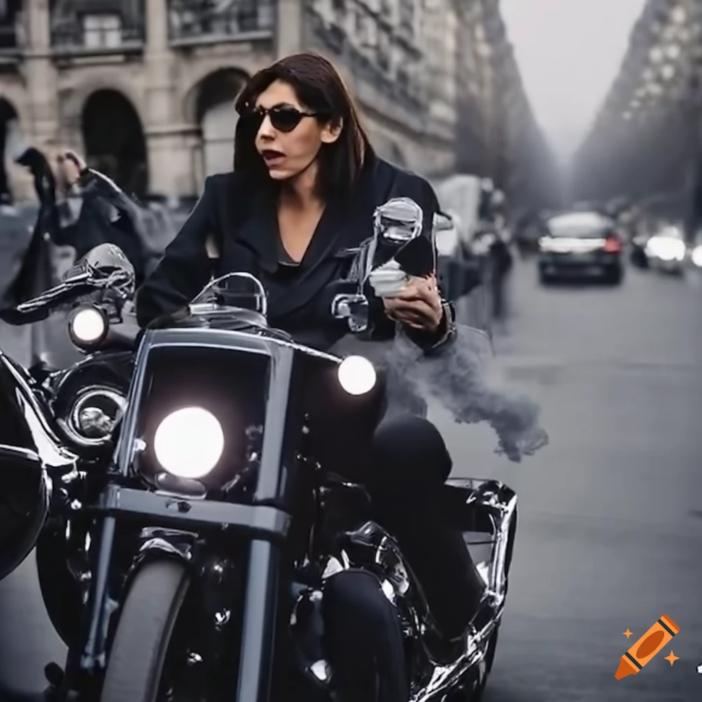 Anne Hidalgo riding a Harley-Davidson motorcycle in Paris with smoke on ...