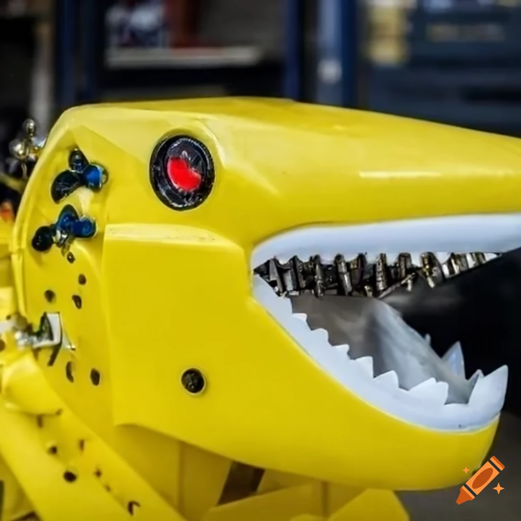 Shark robot sculpture with sharp screw teeth in a workshop on Craiyon