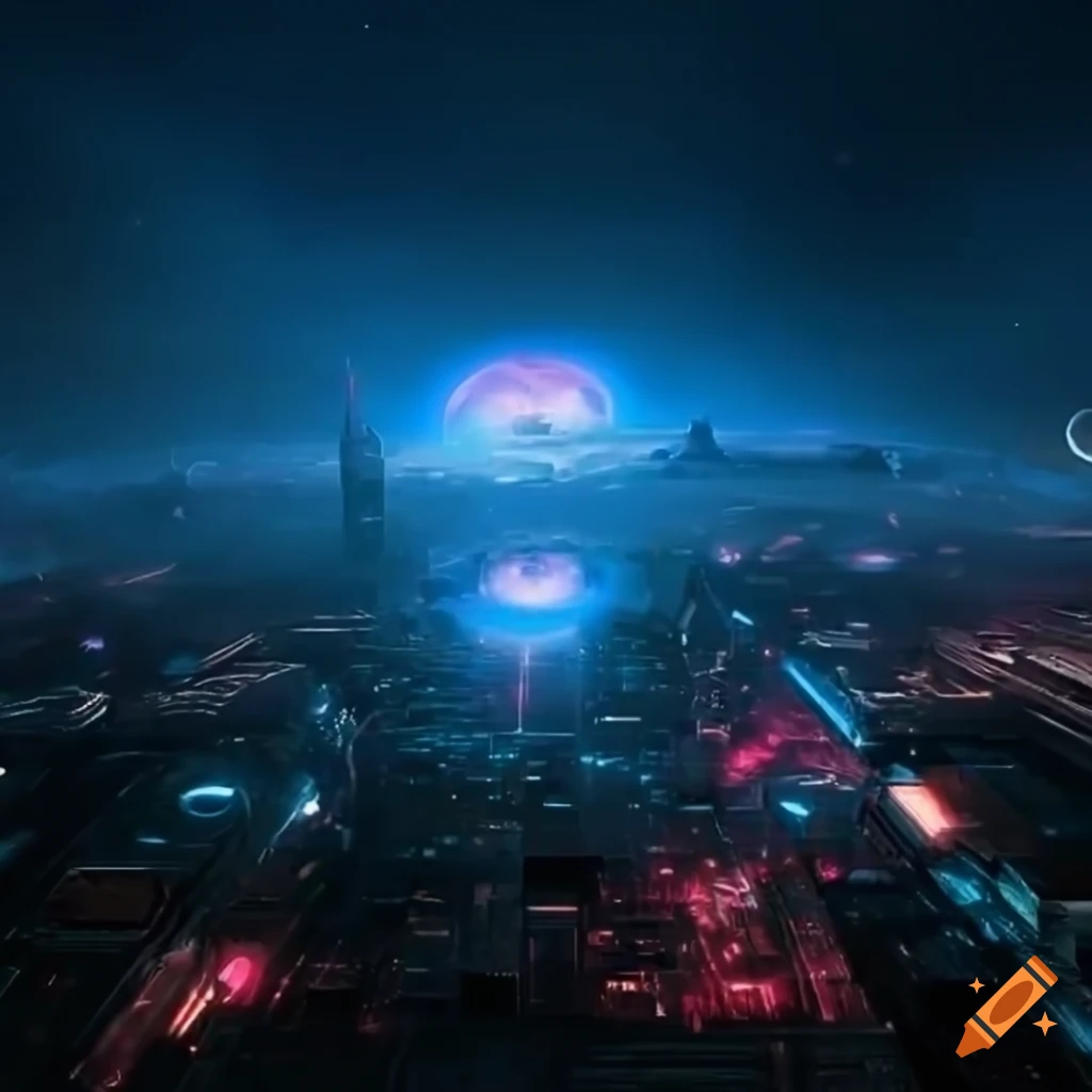 Futuristic cityscape in a distant galaxy with advanced robots and alien ...