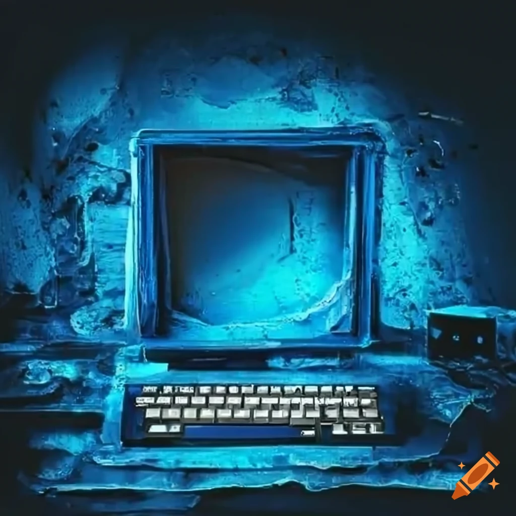 Decaying and decrepit blue computer on Craiyon