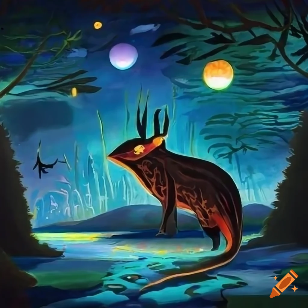 Abstract primitive art landscape with cosmos animals on Craiyon