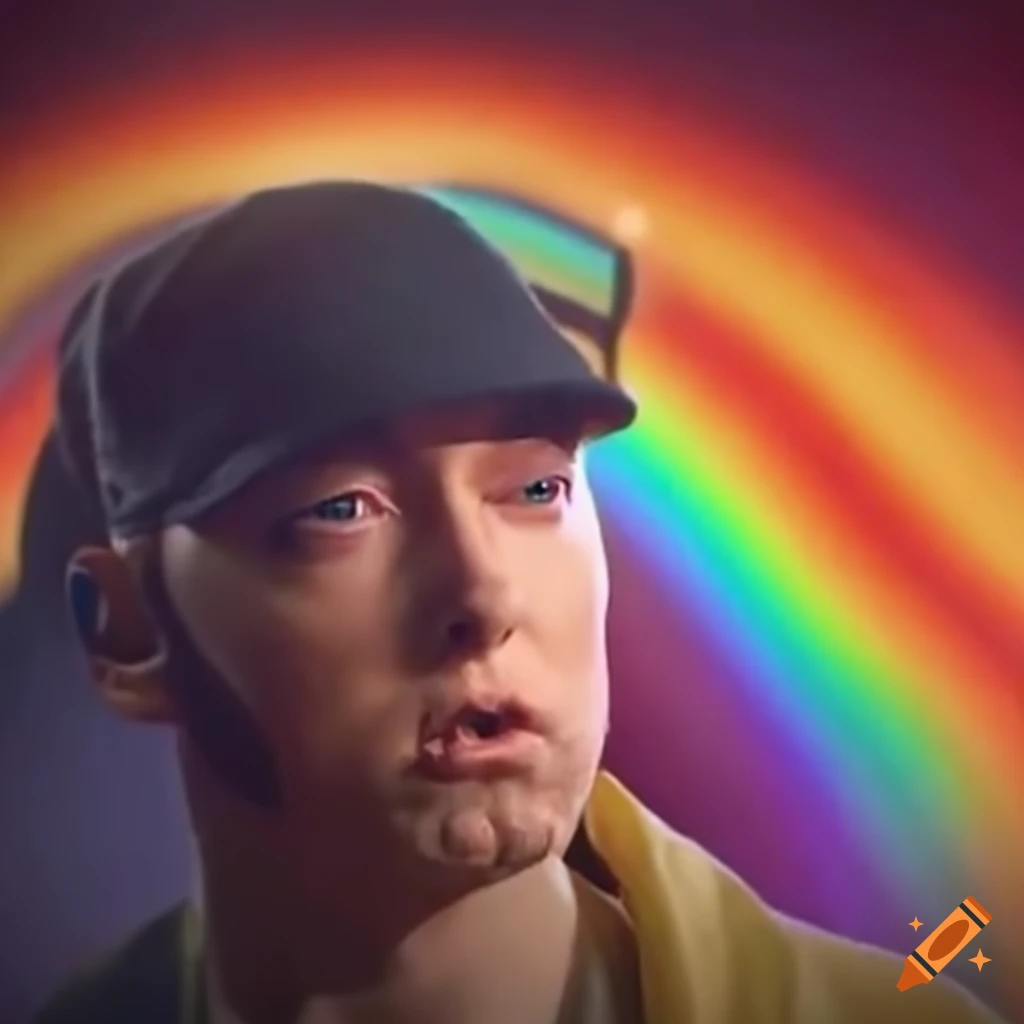Eminem on a magical school bus in space with a rainbow and beard on Craiyon