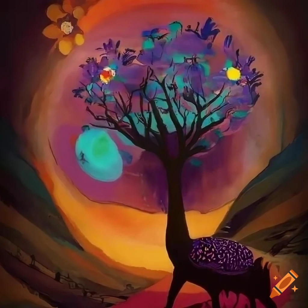 Abstract primitive art landscape with cosmos animals on Craiyon