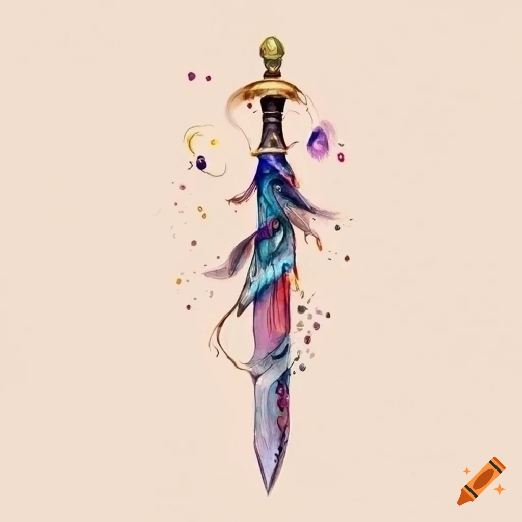 Intricate floral-designed sleek sword in watercolor on Craiyon
