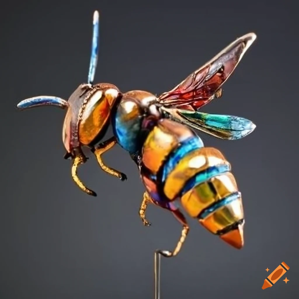 Bee wasp with copper metal-plated gemstone wings in red, yellow, and ...