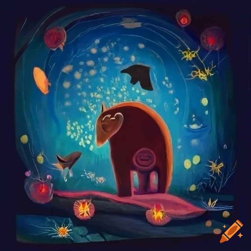 Abstract primitive art landscape with cosmos animals on Craiyon