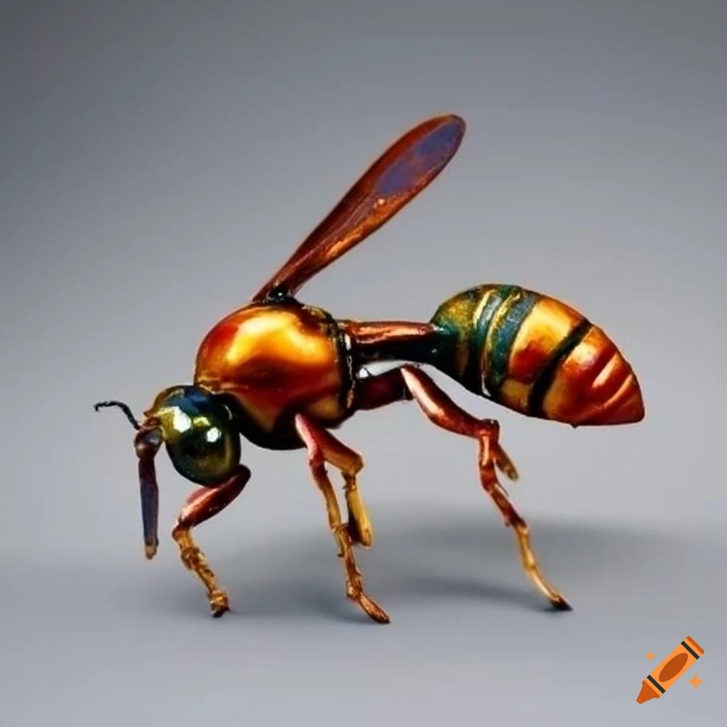 Copper metal bee and wasp sculpture with gemstone carvings in red ...