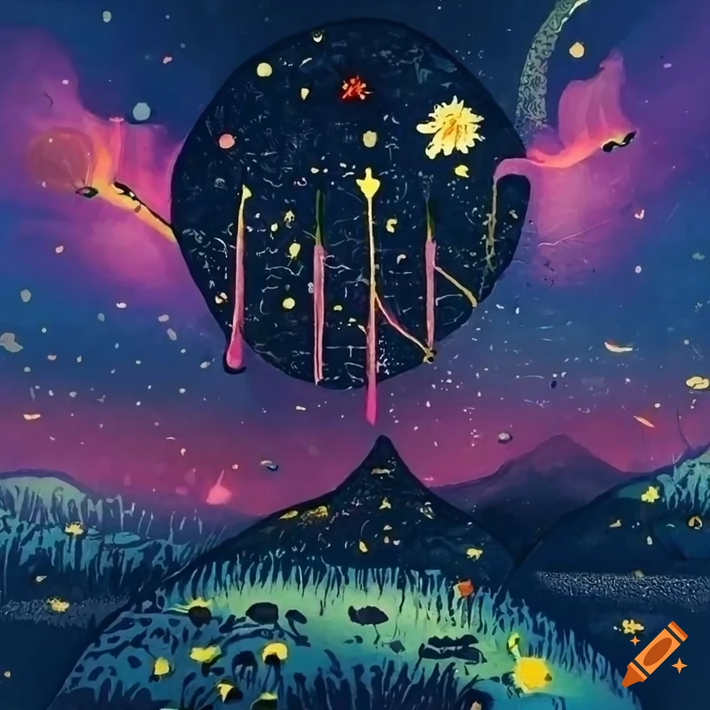 Abstract primitive art landscape with cosmos animals on Craiyon