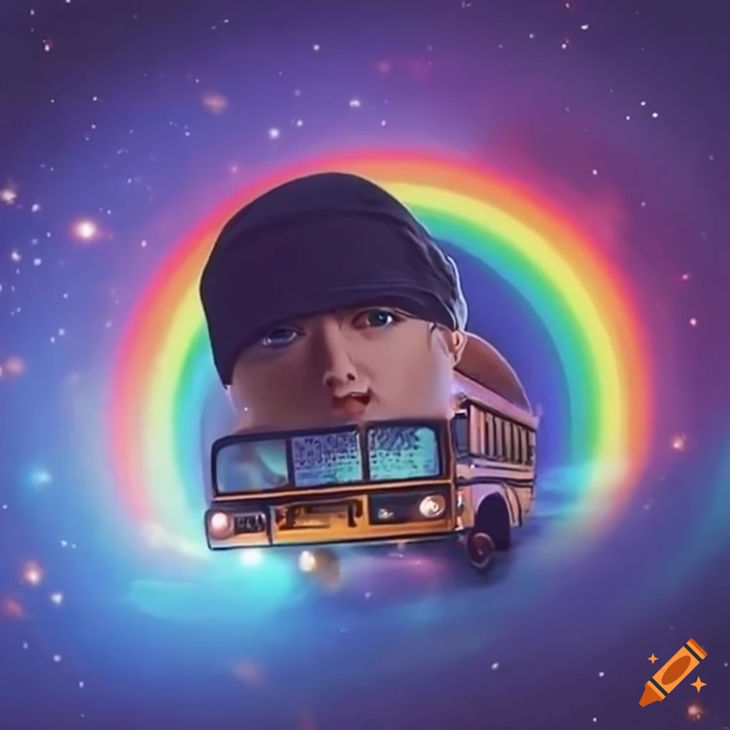 Eminem on a magical school bus rainbow in space on Craiyon