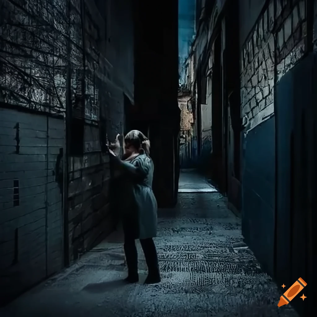 Female detective examining a dark alley crime scene on Craiyon