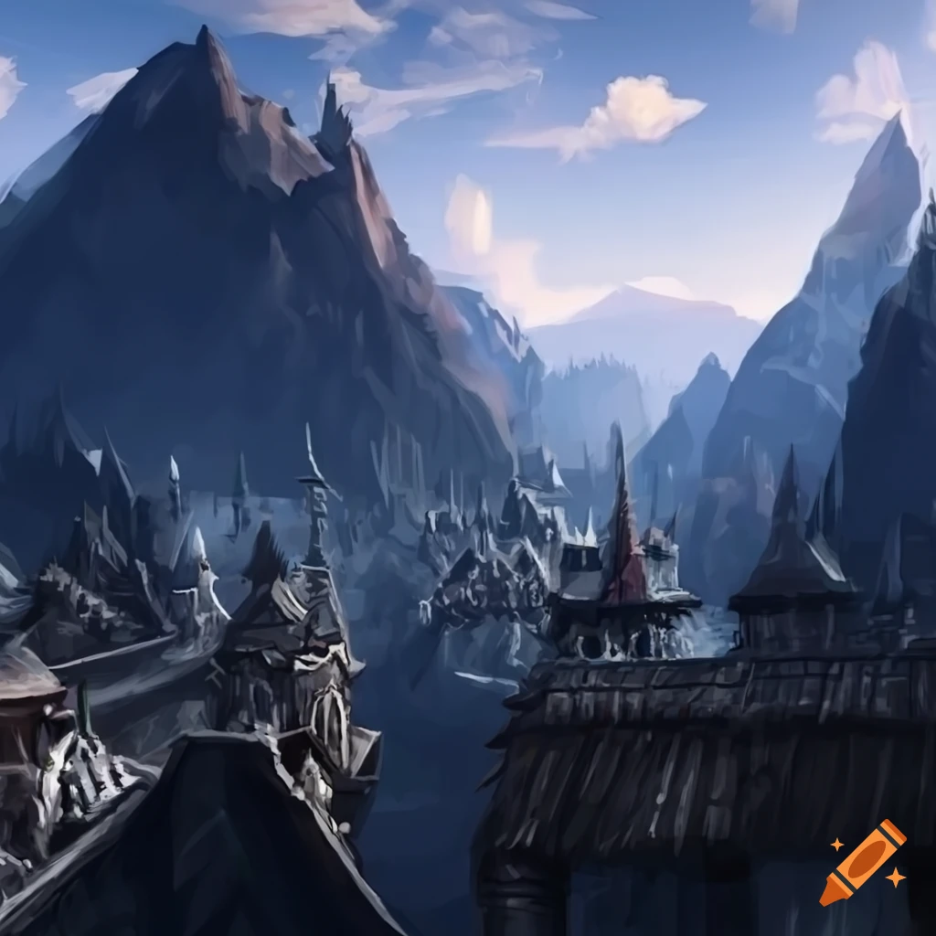 Orc city next to mountain range on Craiyon