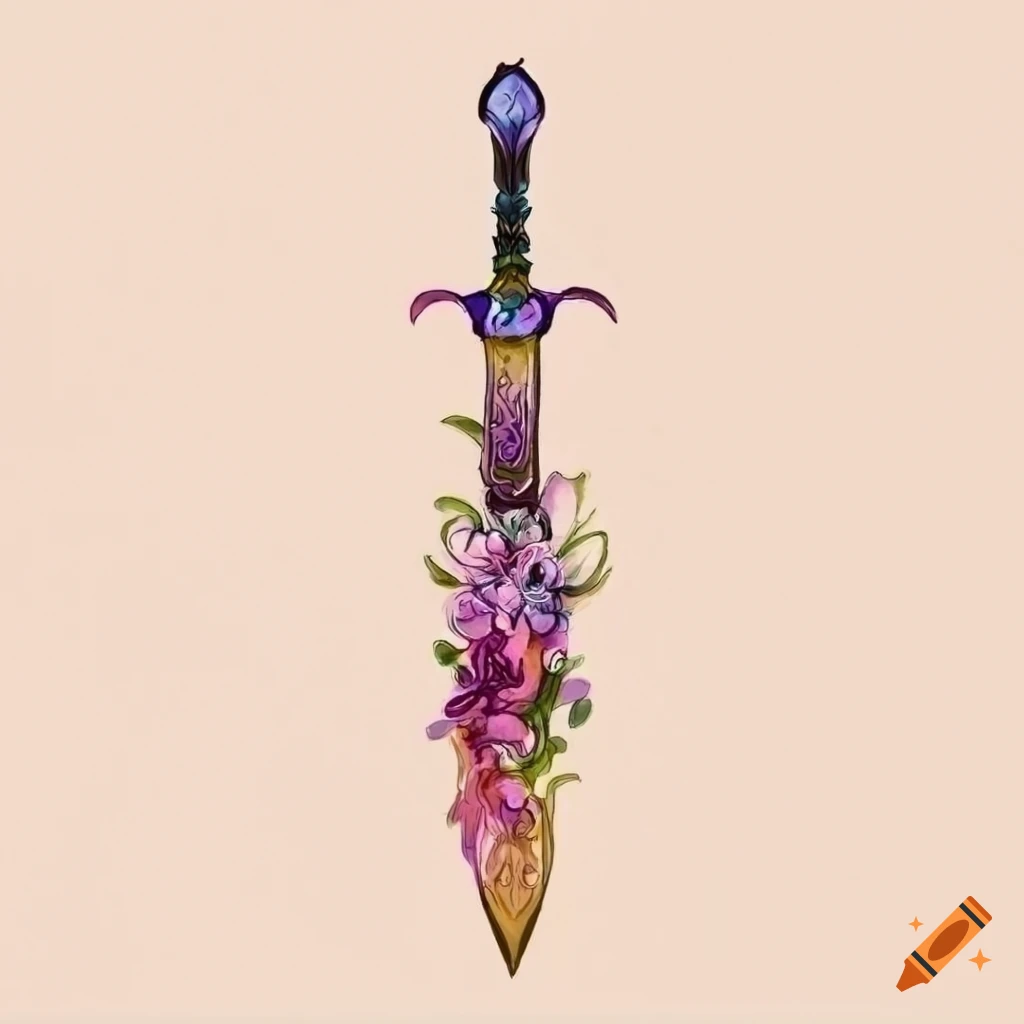 Intricate floral-designed sleek sword in watercolor on Craiyon