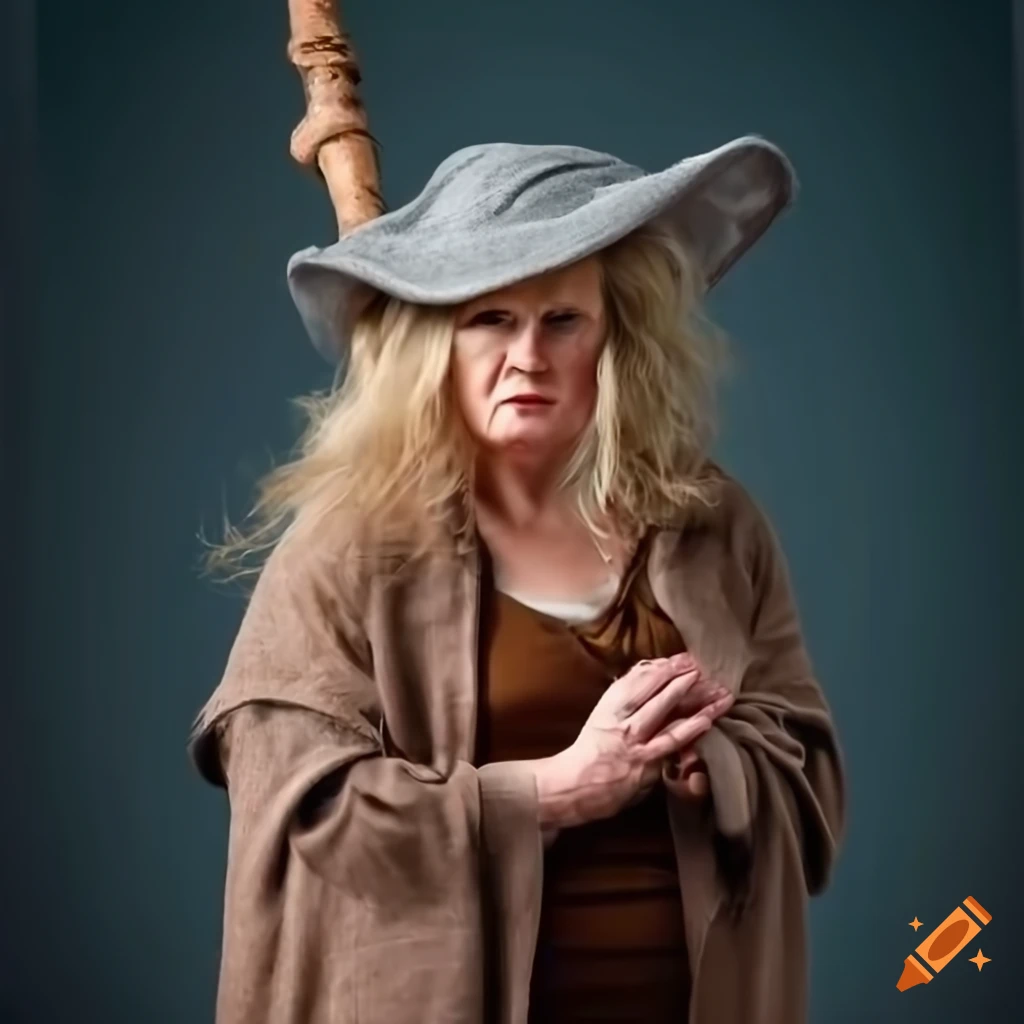 Elderly woman in wizard attire with staff on Craiyon