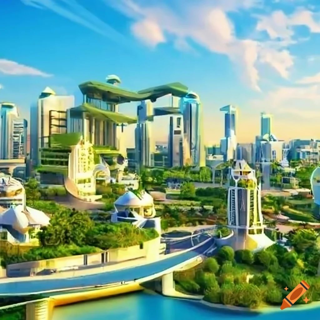 Idealistic vision of a futuristic city with lush gardens and advanced ...