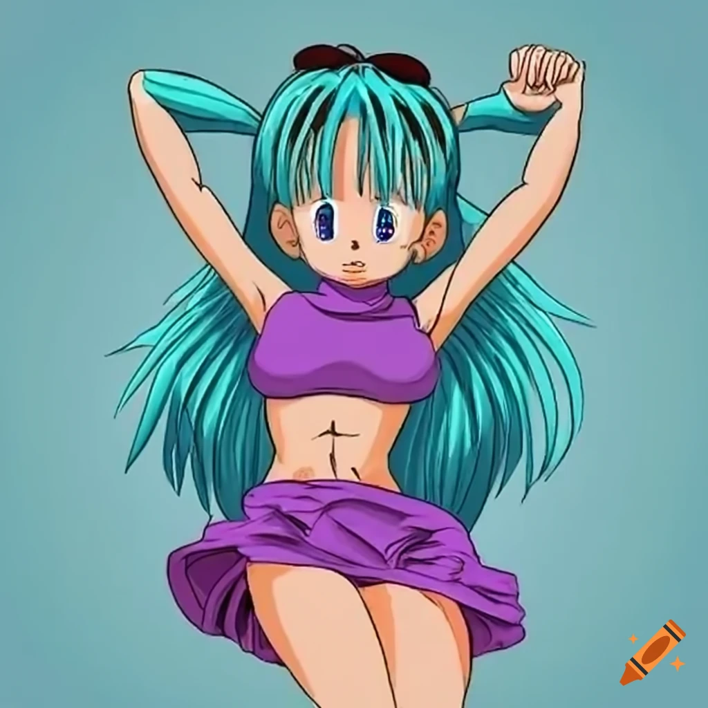 Bulma Briefs With Turquoise Hair Laying On A Bed In Purple Outfit On Craiyon
