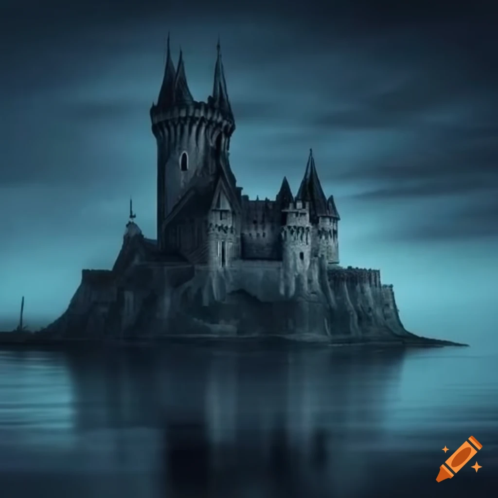 Detailed gothic-style ancient castle on an island at night on Craiyon