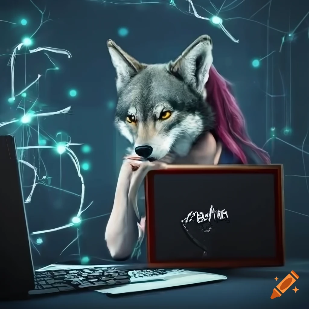 She-wolf keeping watch over monitors with network diagrams on a ...