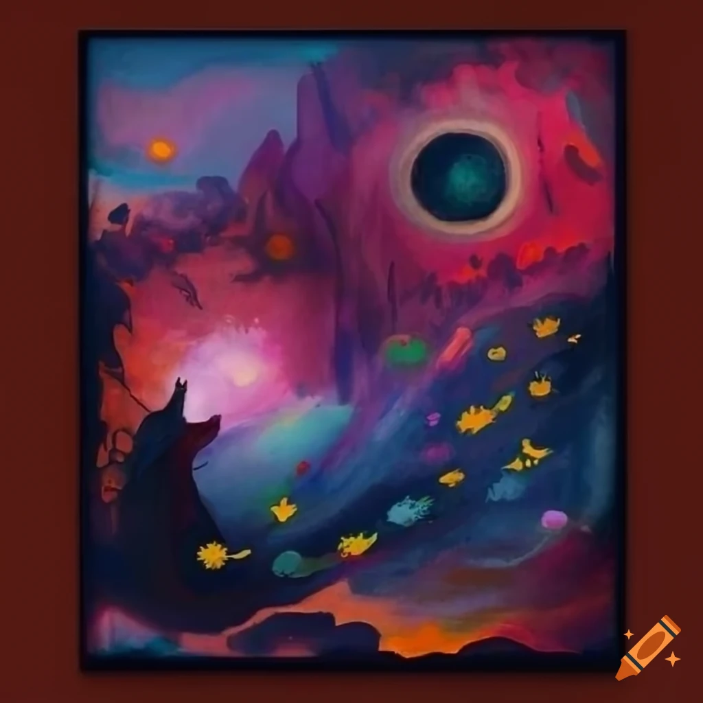 Abstract primitive art landscape with cosmos animals on Craiyon