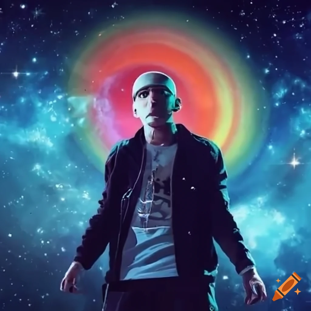 Eminem in a magical school bus rainbow in space on Craiyon
