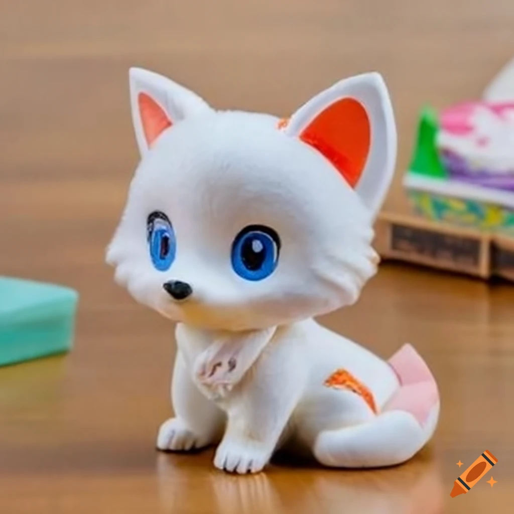 Kawaii fox figures displayed on a store shelf on Craiyon