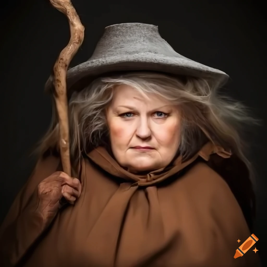 Elderly woman in wizard attire with staff on Craiyon