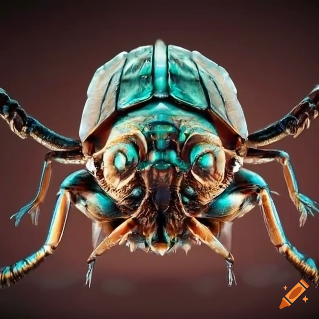 Close-up of a beetle's intricate crystal-like carapace on Craiyon