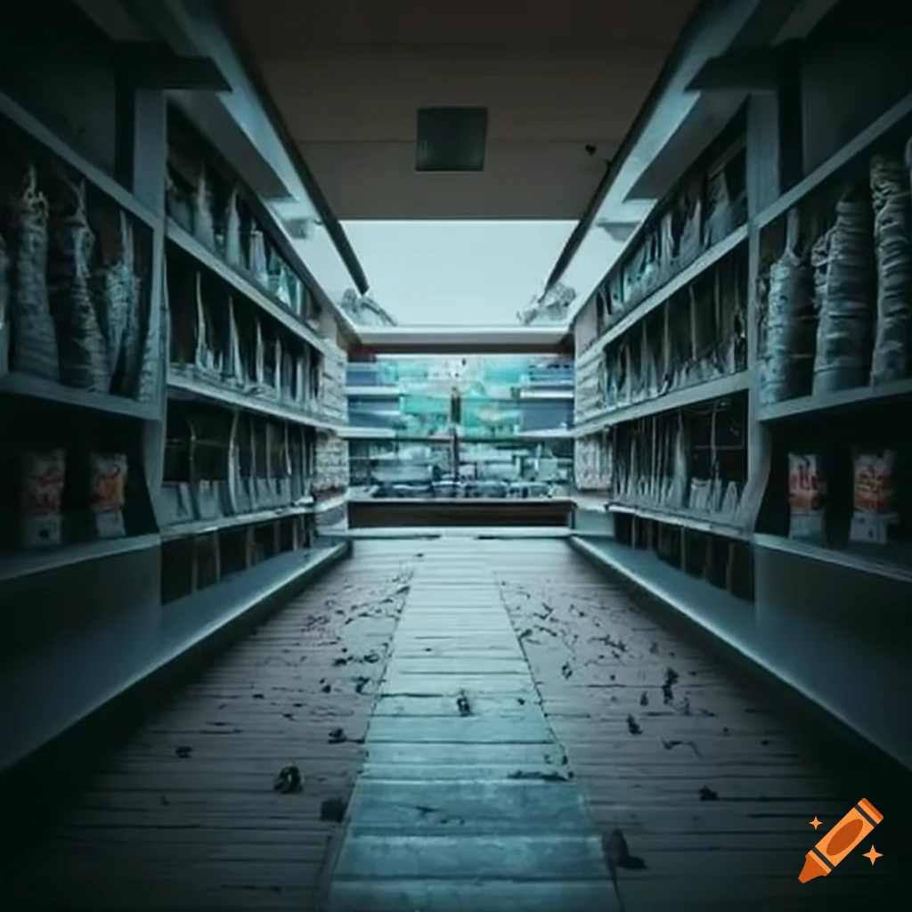 Partially unstocked grocery store interior on Craiyon