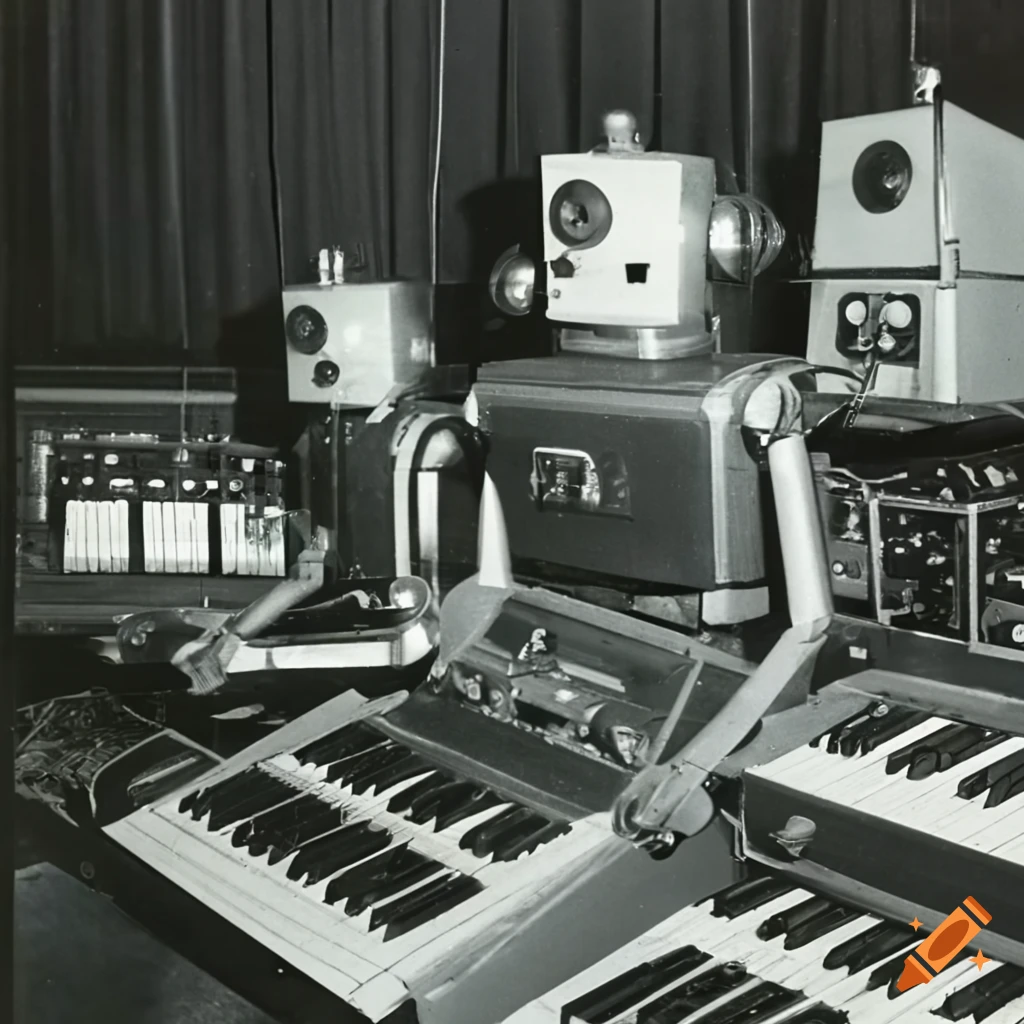 Vintage B&W photograph of retro robots playing 'synthesiser' in an ...