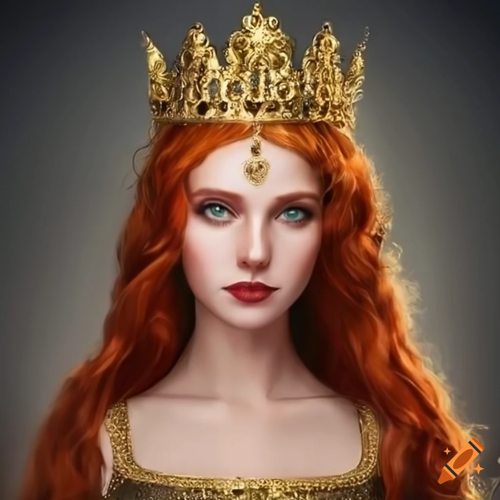 Medieval princess with red hair and green eyes in royal golden gown on ...